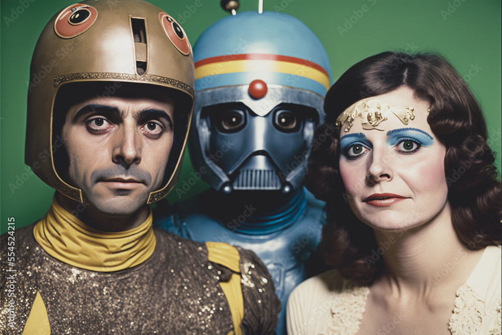 Retro photo of three people in cheap plastic futuristic costumes ...