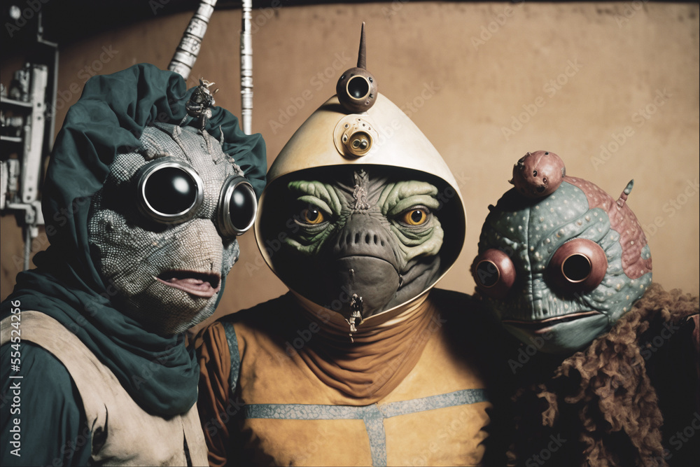 Three retro science fiction monster alien characters with cheesy ...