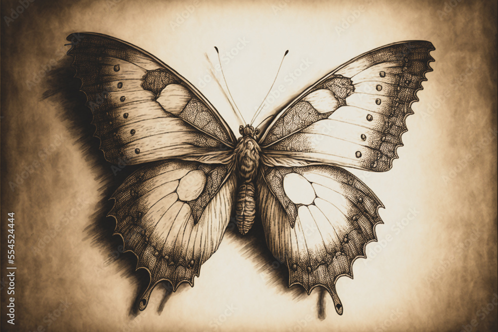 Detailed drawing of a butterfly on parchment paper. Created with ...