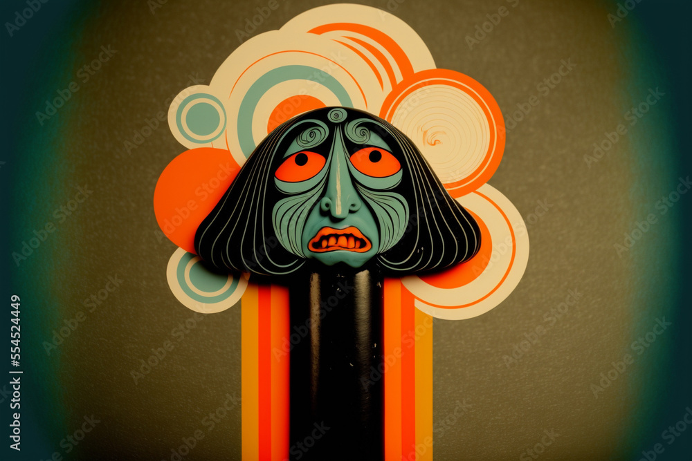 Ugly character on a black stem with orange swirling background that ...