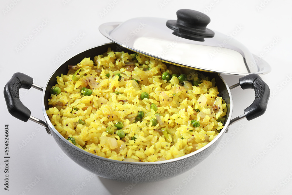 rice flakes, traditional indian breakfast called Pohe poha, onion pohe ...