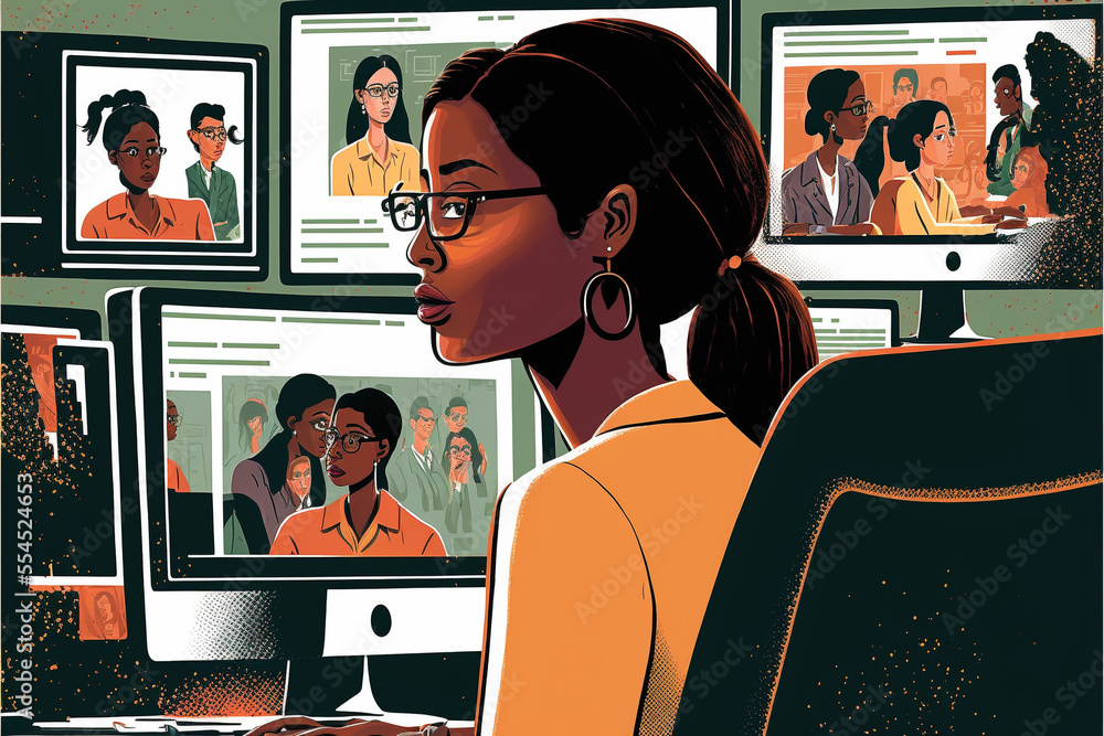 African American woman working from a home office with multiple ...