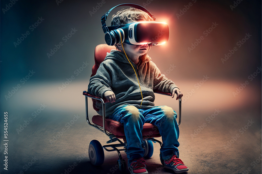 Little kid sitting in a chair wearing VR headset. Created with ...