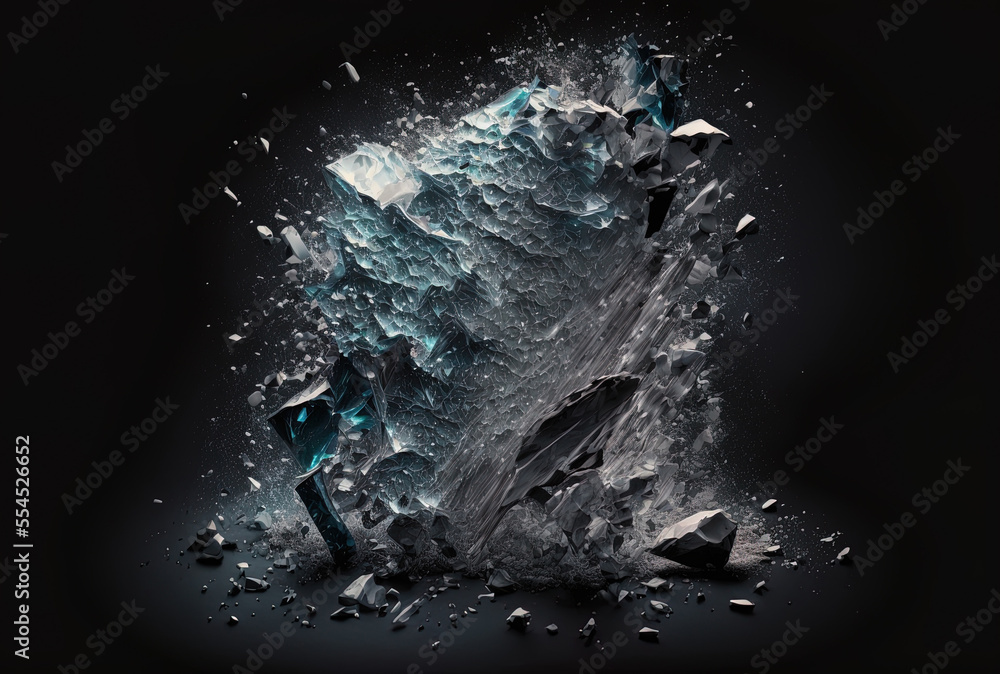 Crushed ice on a dark backdrop. spreading smashed ice fragments ...