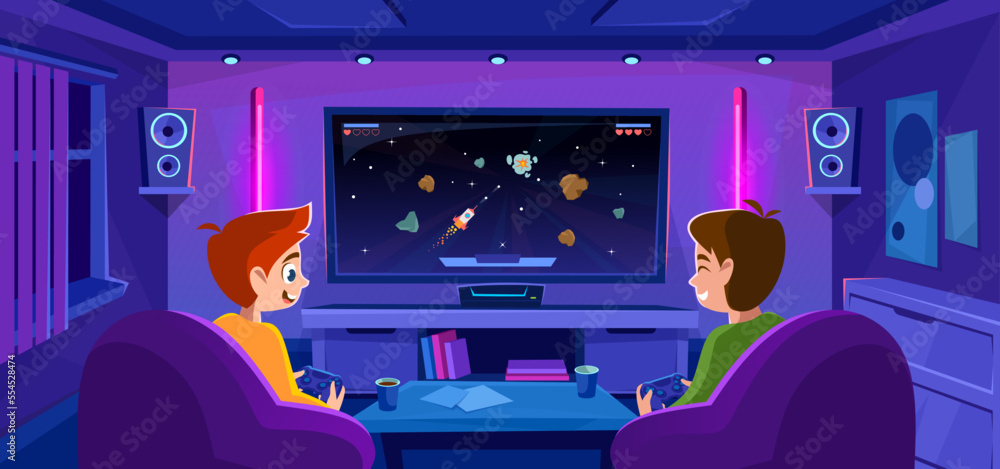 Two gamers play a fun video game together on a big tv screen sitting in ...