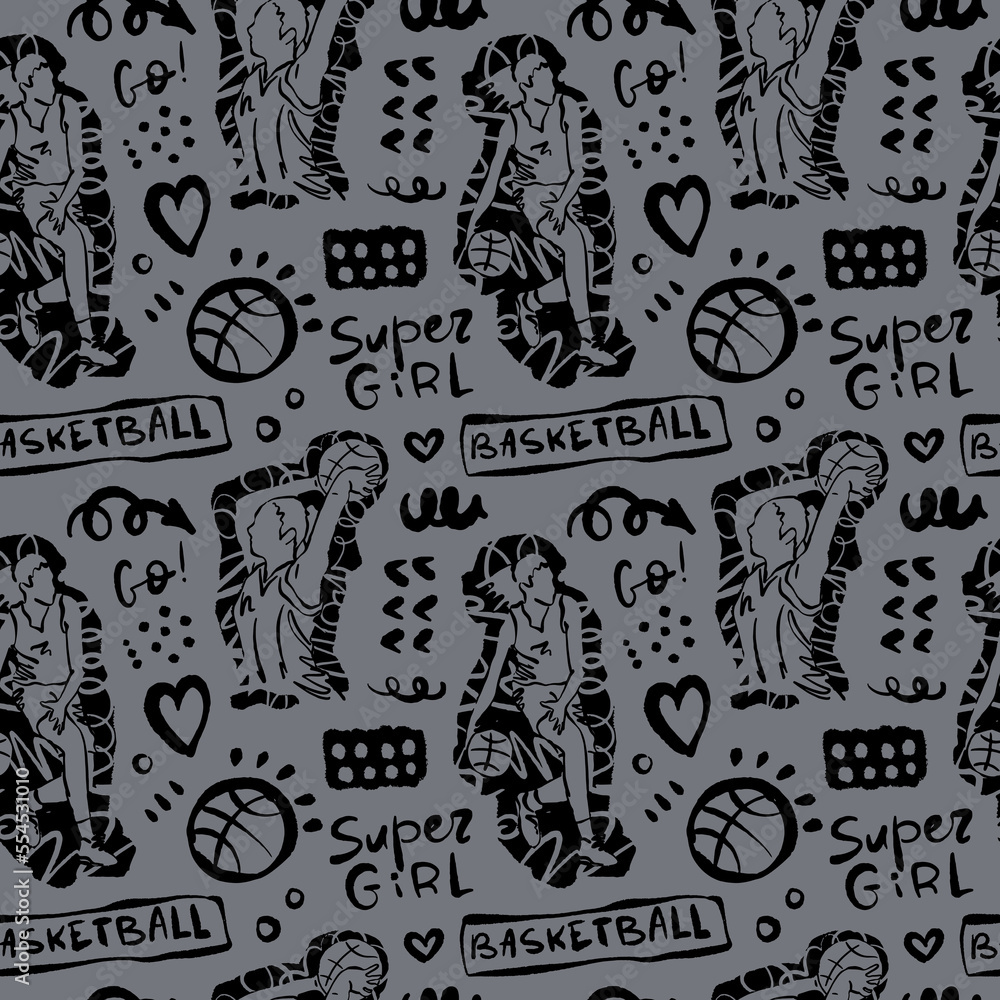 Vector basketball pattern with girls, grunge style. Sports background ...