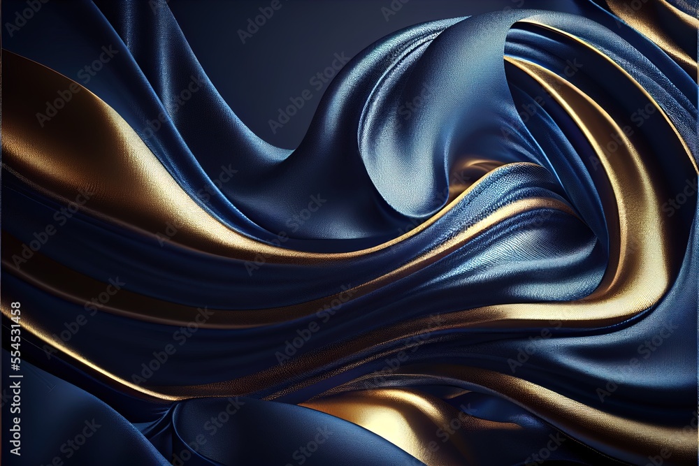 a blue and gold background with wavy lines and curves of fabric on it's ...