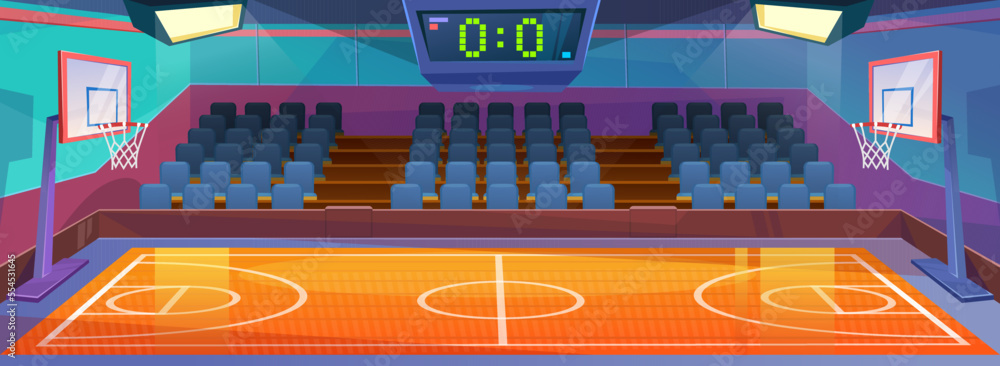 Basketball court interior with game score count. Empty school or ...