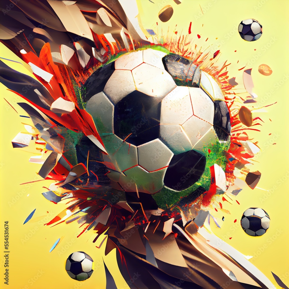 a soccer ball is breaking through a yellow background with many pieces ...