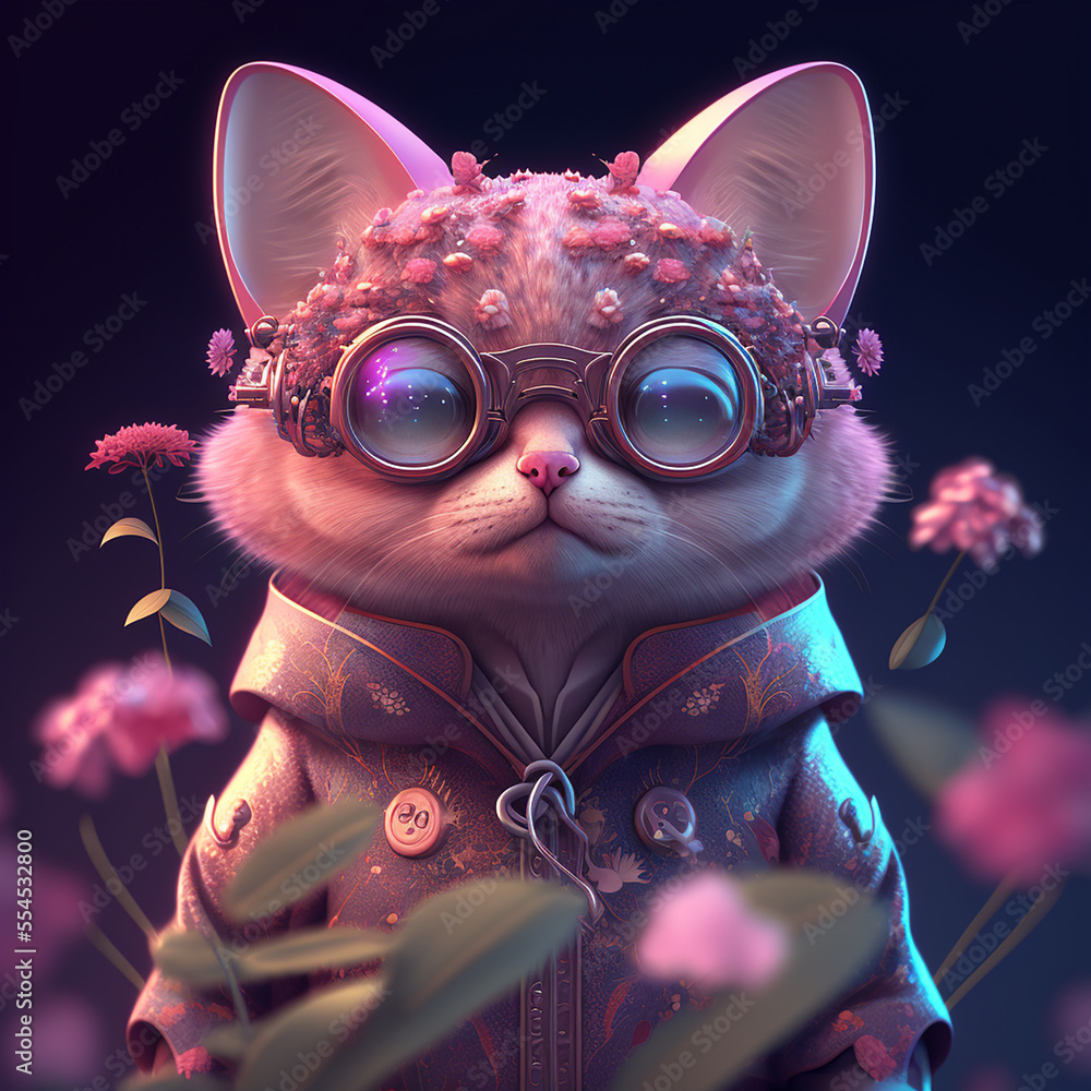 Cute pink cat in futuristic 3d glasses.Portrait of a cat in the night light with flowers ...
