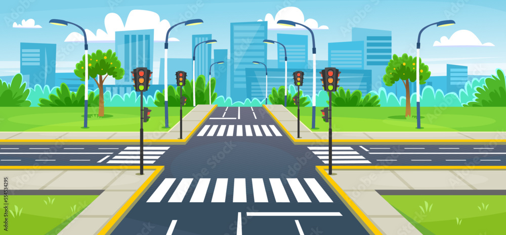 Empty city crossroad with a crosswalk and traffic light. Landscape view ...