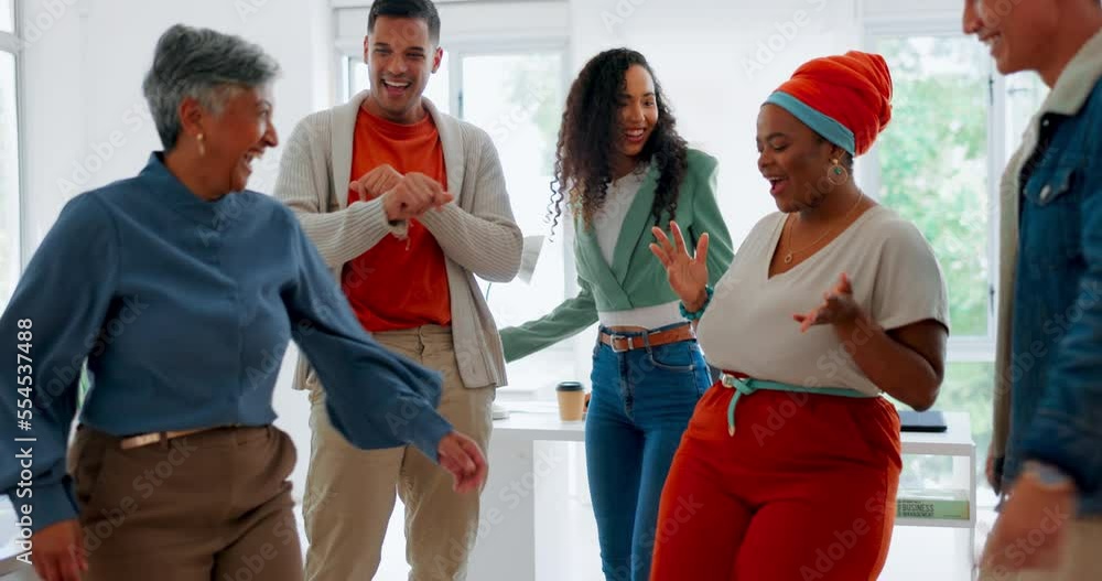 Business people, dancing and celebrate diversity in office for success ...