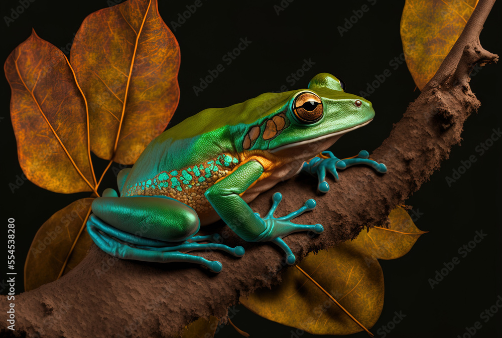 Frog with a hunchback, Litoria caerulea, on some leaves. a frog on a ...