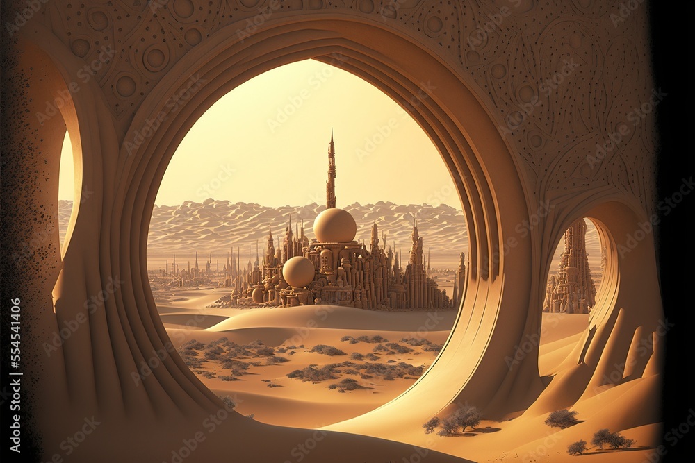 Futuristic sand city in the desert. Unrealistic futuristic high-rise ...