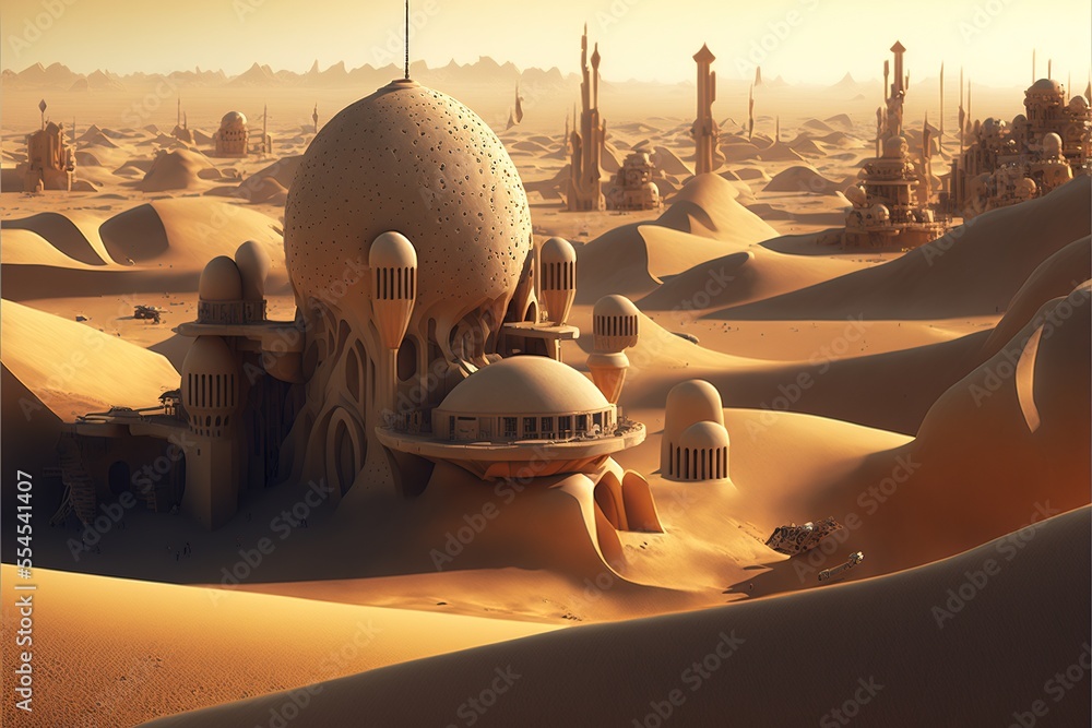 Futuristic sand city in the desert. Unrealistic futuristic high-rise ...