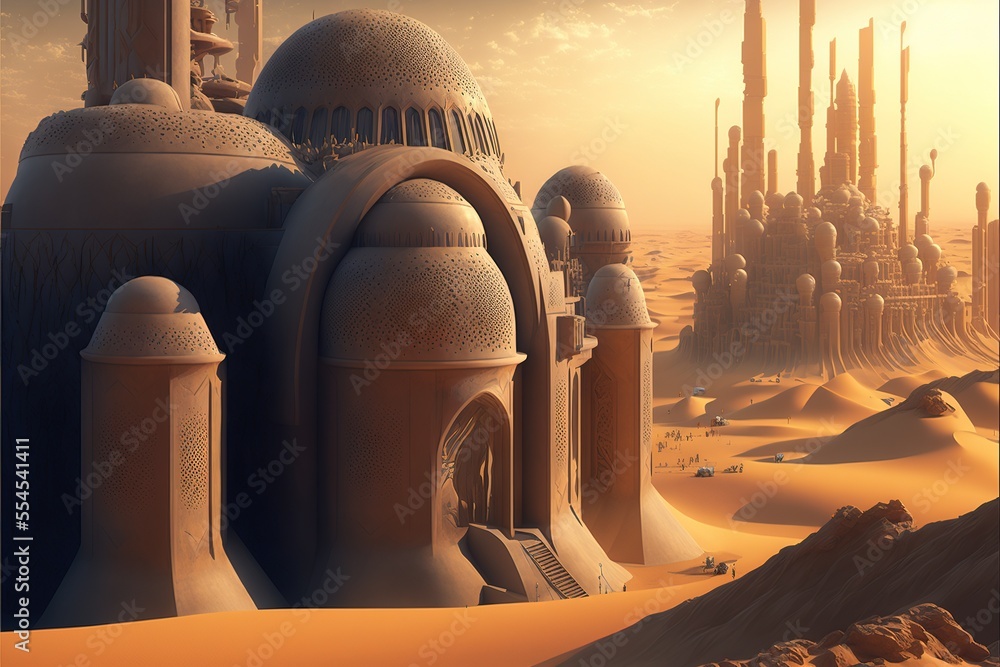 Futuristic sand city in the desert. Unrealistic futuristic high-rise ...