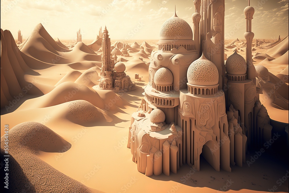 Futuristic sand city in the desert. Unrealistic futuristic high-rise ...