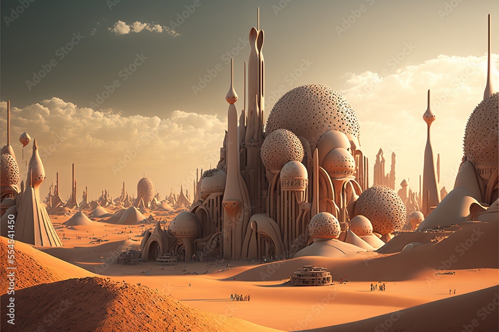 Futuristic sand city in the desert. Unrealistic futuristic high-rise ...