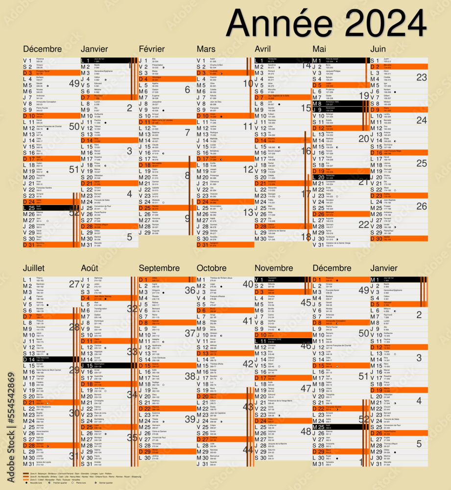 Calendrier 2024, calques, vacances scolaires, Saints, 14 mois Stock ...