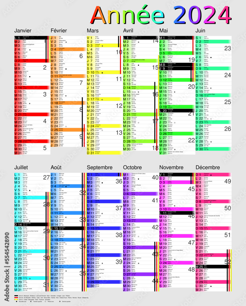 Calendrier 2024, calques, vacances scolaires, Saints, 12 mois Stock ...