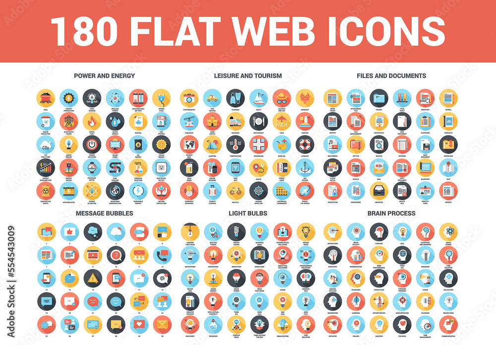 Vector set of 180 flat web icons with long shadow on following themes ...