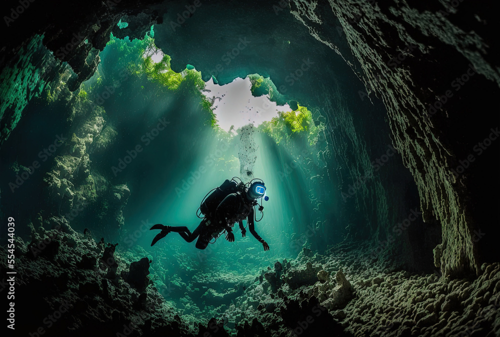 hazardous caverns, diving in the cenotes, Mexico Underwater view of a ...