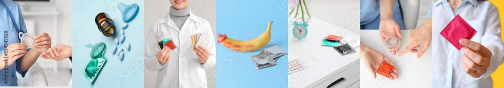 Collage with gynecologist, patient and different types of contraception ...