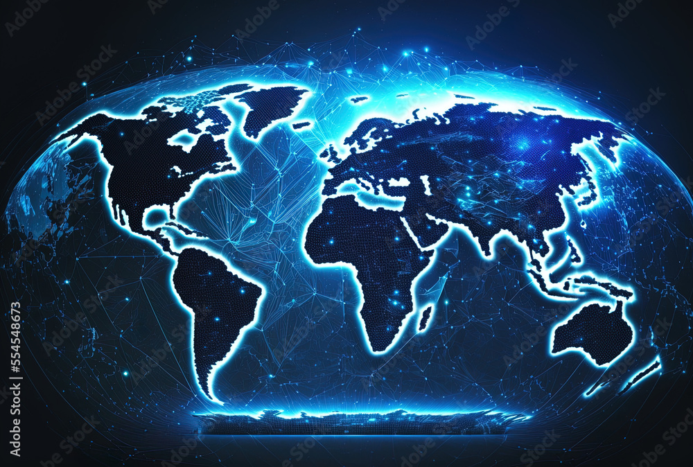 Blue global map in the future with technology background. Generative AI ...