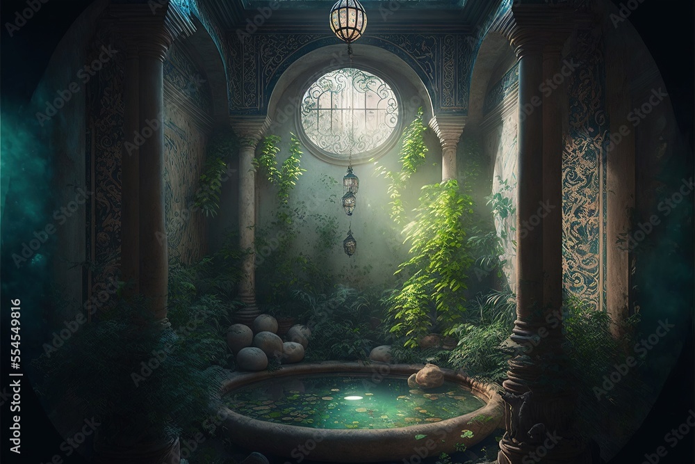 Fantasy interior Turkish baths. Traditional Arabic interior with plants and oriental arches and ...
