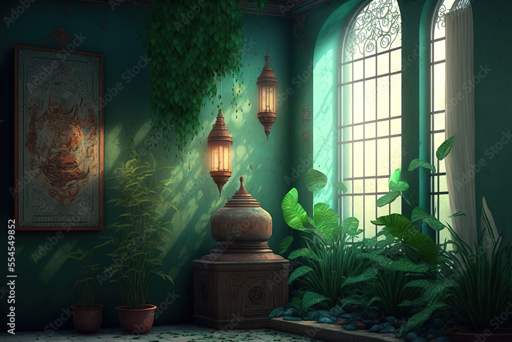 Fantasy interior Turkish baths. Traditional Arabic interior with plants ...
