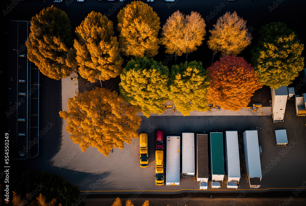 Fall foliage captured from above above a warehouse complex near ...
