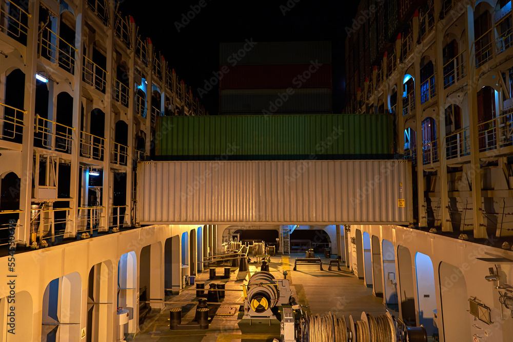 Container ship in port at container terminal. Ships of container ships ...