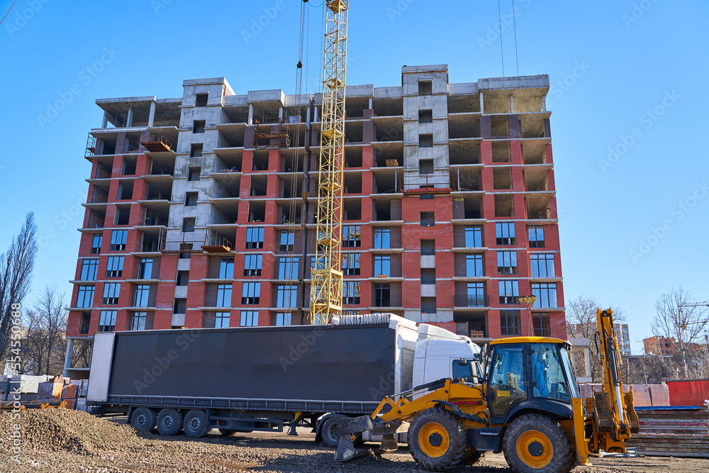 Construction site. High rise Building under construction. Construction ...