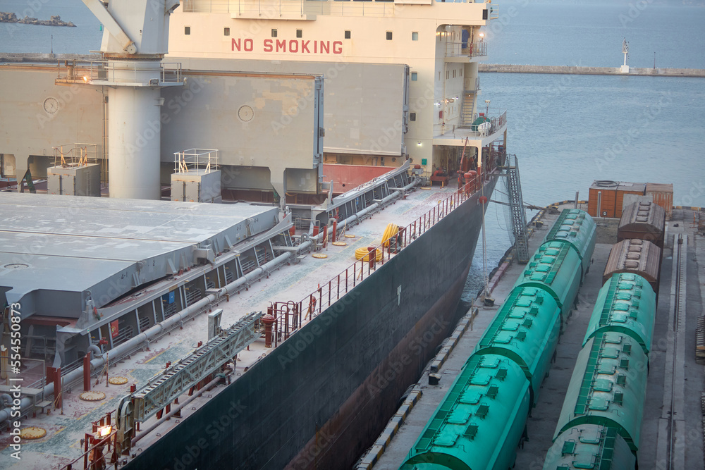 Port grain elevator. Industrial sea trading port bulk cargo zone grain ...