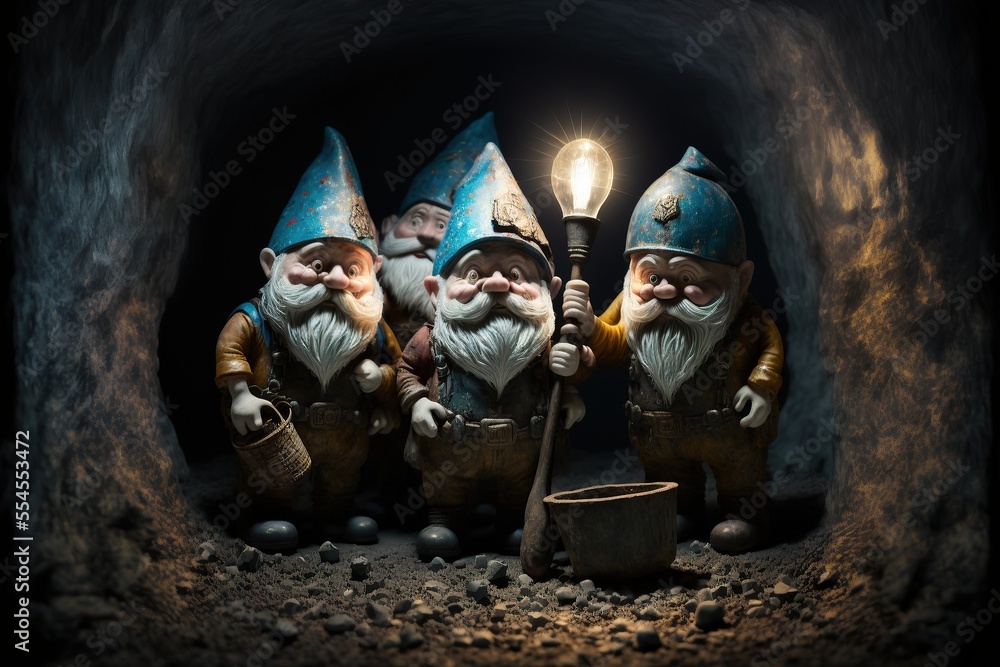 Dwarves work underground in the mine, extracting iron ore. In helmets ...
