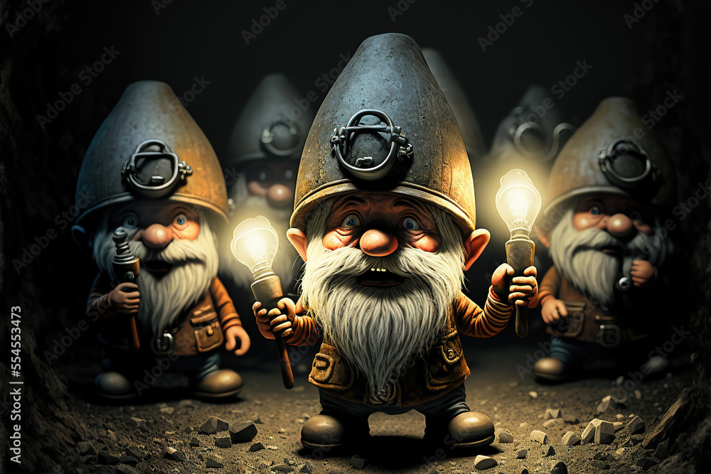 Dwarves work underground in the mine, extracting iron ore. In helmets ...