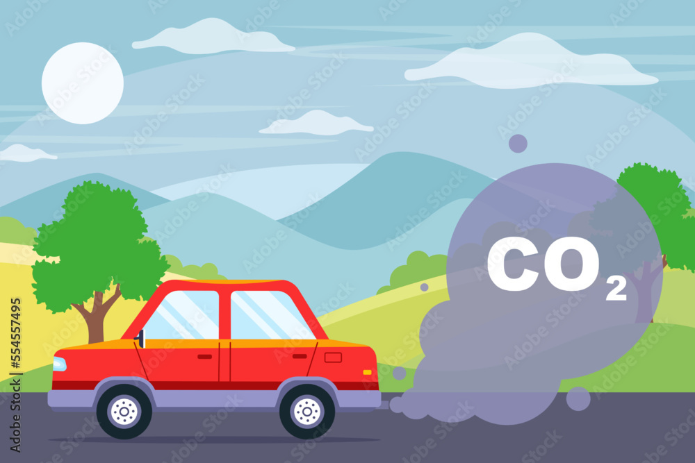 Stockvector the car produces a large amount of exhaust gases ...