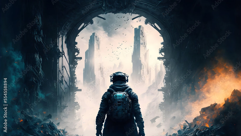 alone human entering large gate to dark dystopian dead city, neural ...