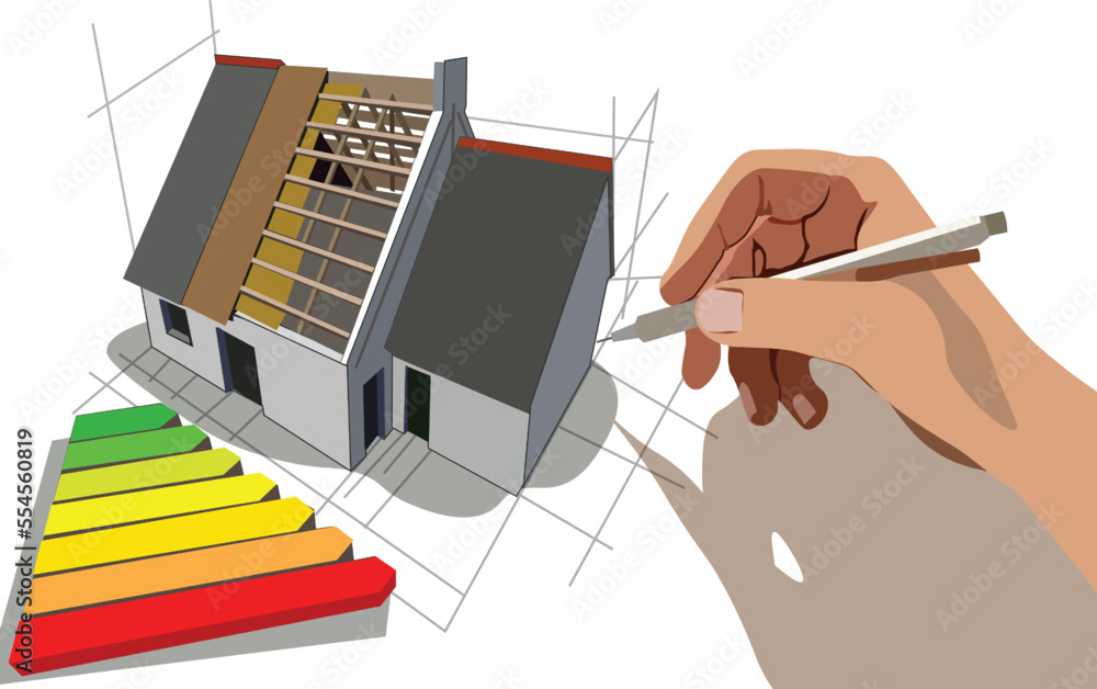 A hand holding a ballpoint pen is drawing a house building construction ...