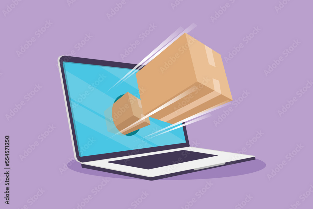 Cartoon flat style drawing package box out of large laptop screen ...