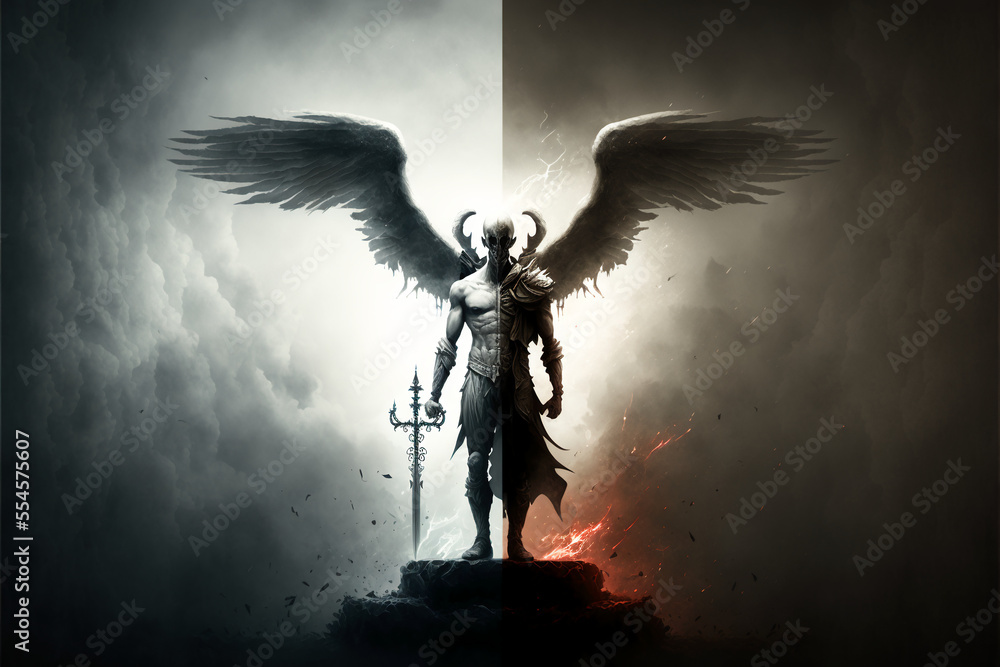 Half angel and half demon with a sword (man). Concept of good and evil ...