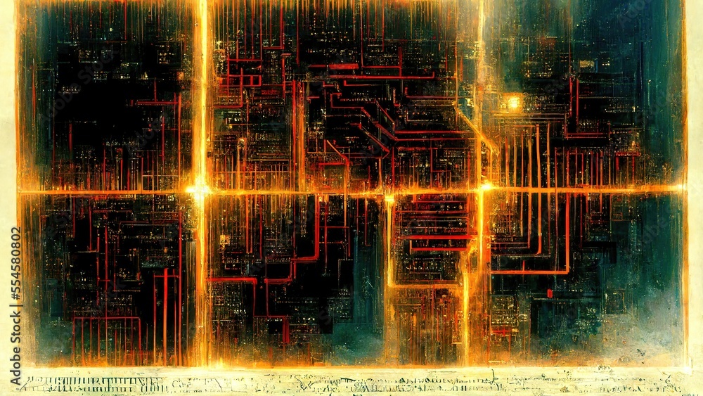 Orange grid of rays, CPU circuitry, abstract, Sci-fi style, cyberpunk ...