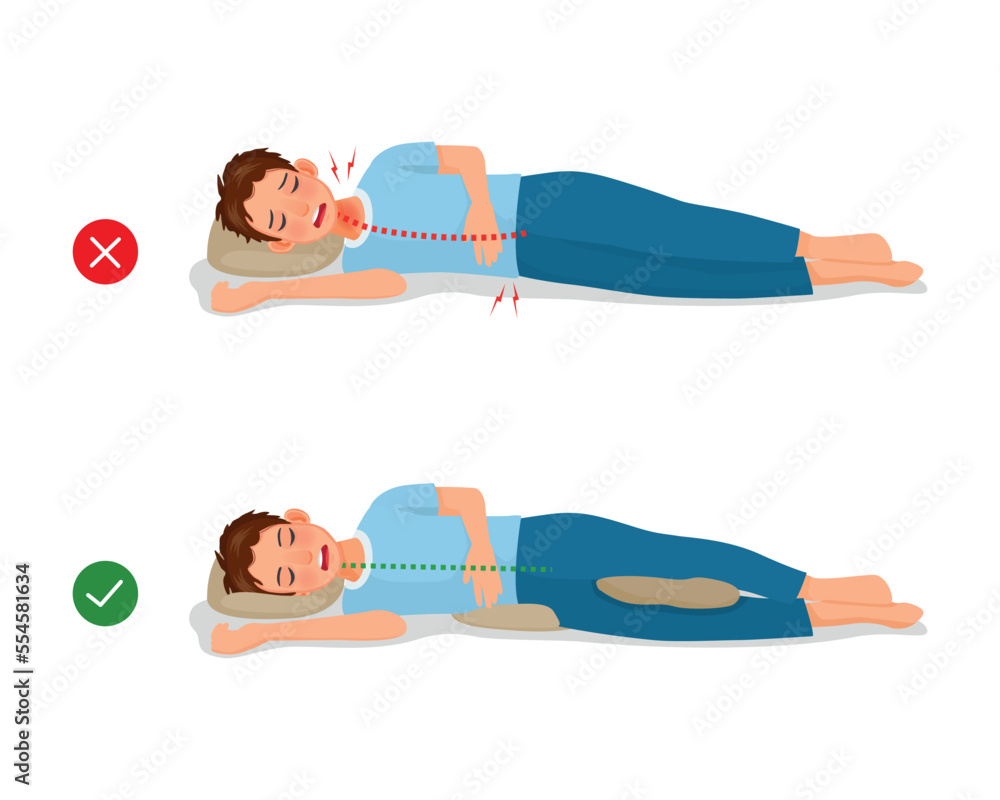 Incorrect and correct neck, spine and knee alignment of young man ...