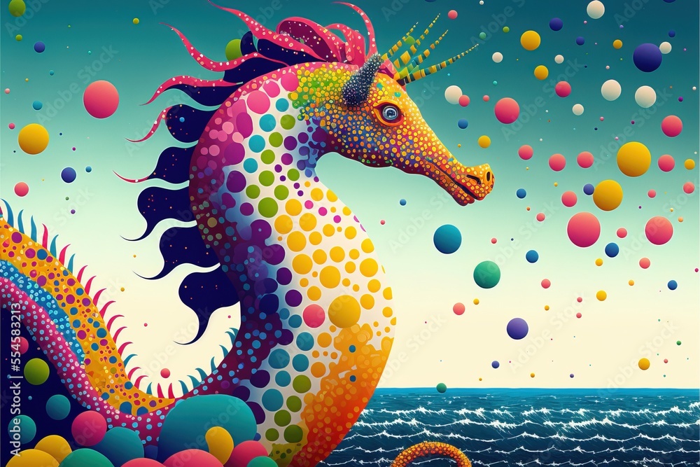 Colorful giant seahorse aquatic dragon creature in the ocean - mythical fearsome sea monster ...