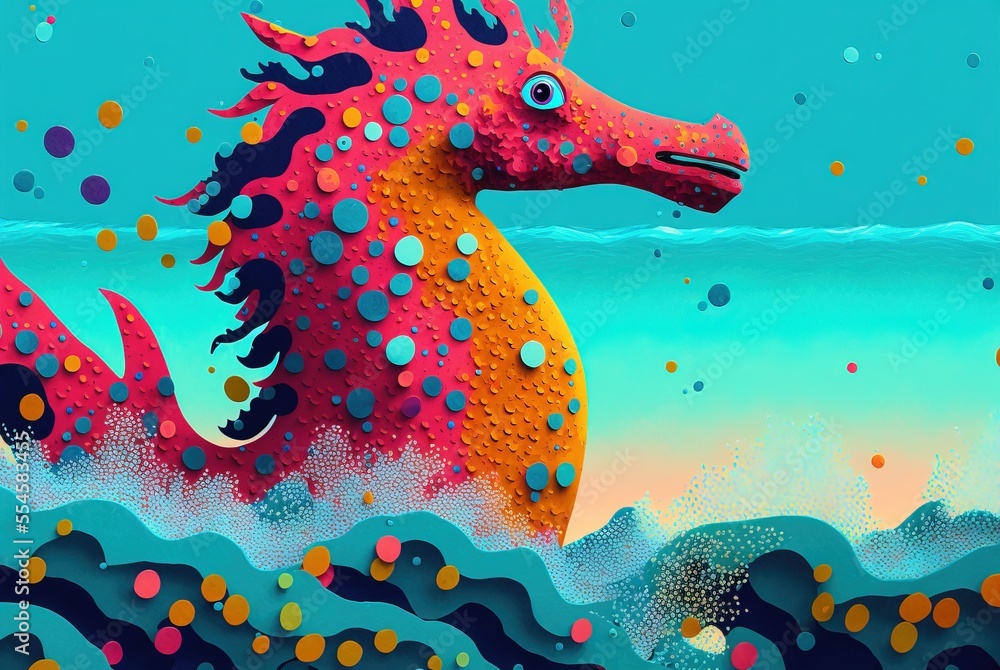 Colorful giant seahorse aquatic dragon creature in the ocean - mythical fearsome sea monster ...