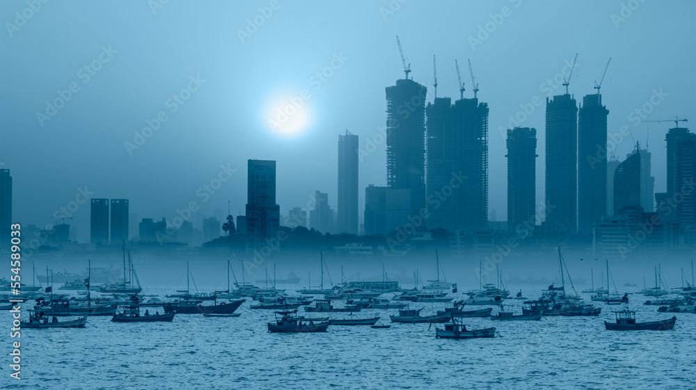 Air pollution concept - Modern highrise rich buildings and poor slums ...