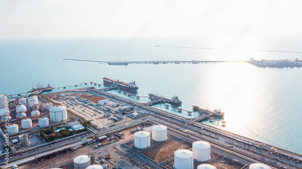 Aerial Top View oil tanker loading dock of business logistic sea going ...