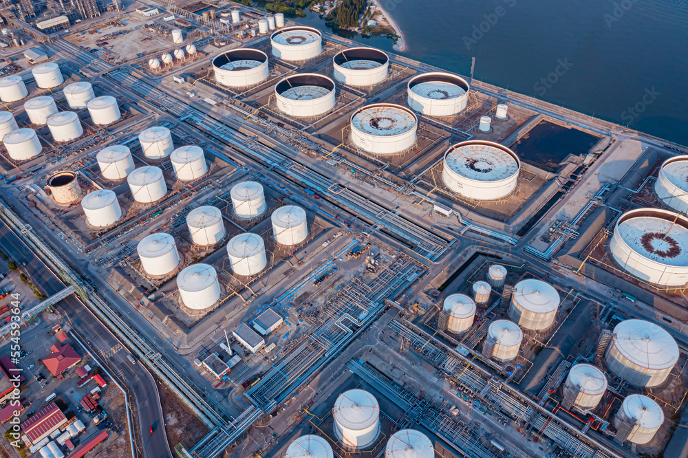 Aerial top view of White oil tank storage chemical petroleum ...