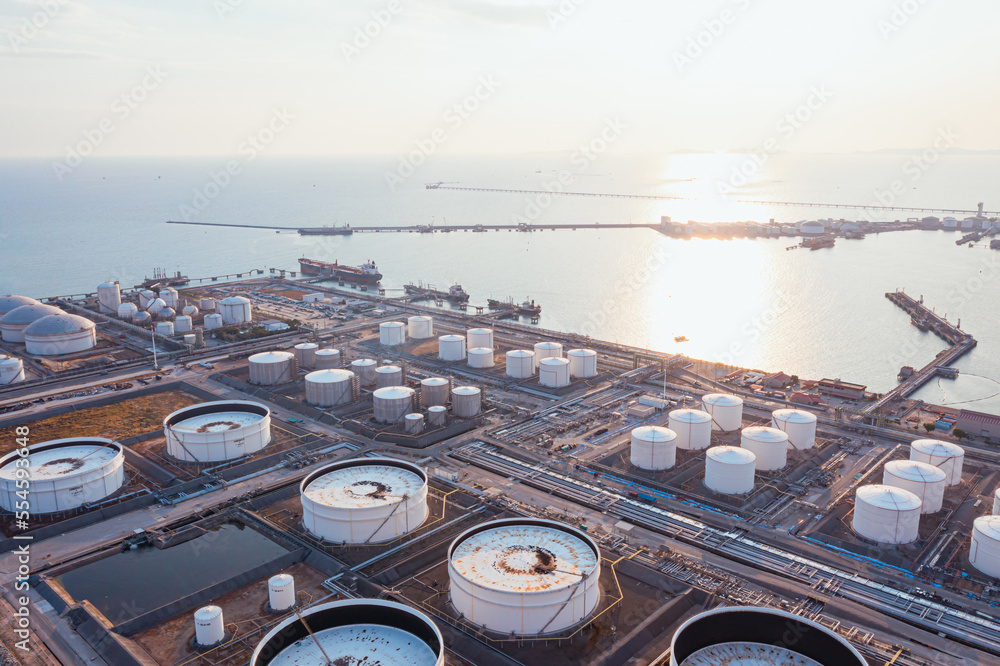Aerial Top View oil tanker loading dock of business logistic sea going ...