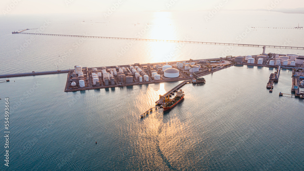 Aerial Top View oil tanker loading dock of business logistic sea going ...